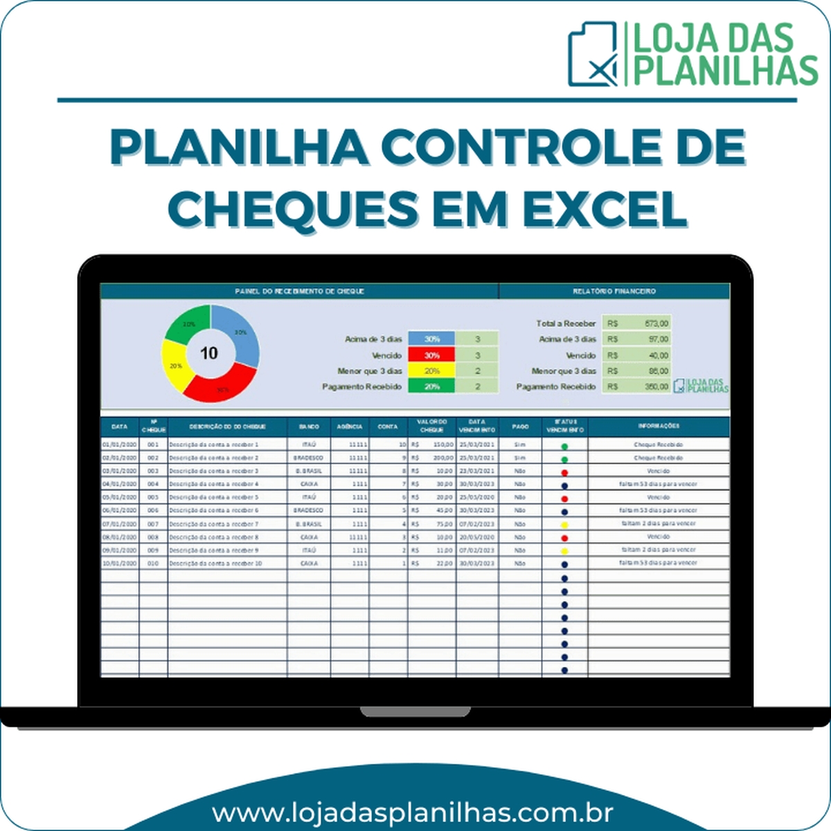 Planilha Controle De Cheques Emitidos ou Recebidos em Excel
