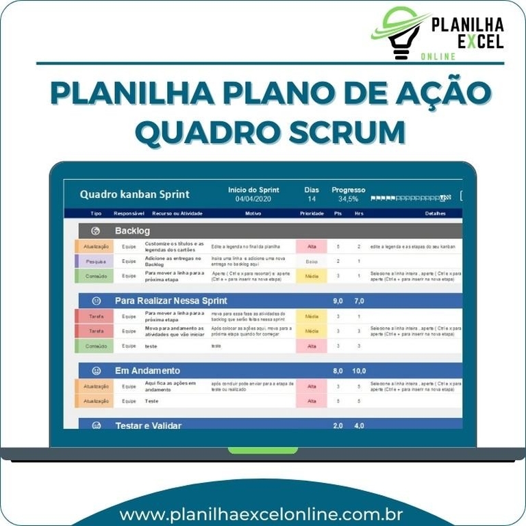 Planilha Plano de Ação Quadro Kanban Sprint Scrum em Excel